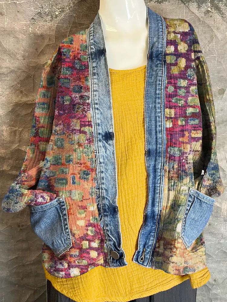 Women's Vintage Ethnic Art Print Patchwork Denim Comfort Cardigan