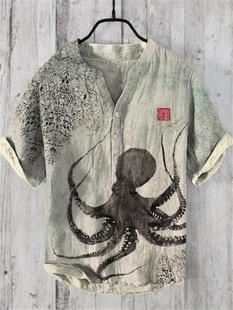 Japanese Art Inkjet Octopus Print Henry Collar Shirt