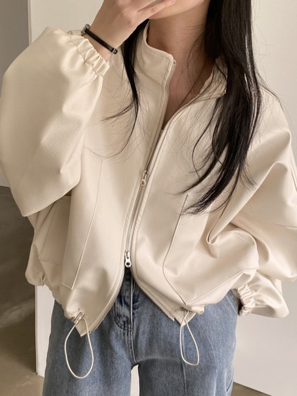 Drawstring Solid Color Zipper Long Sleeves Loose Stand Collar Outerwear ...