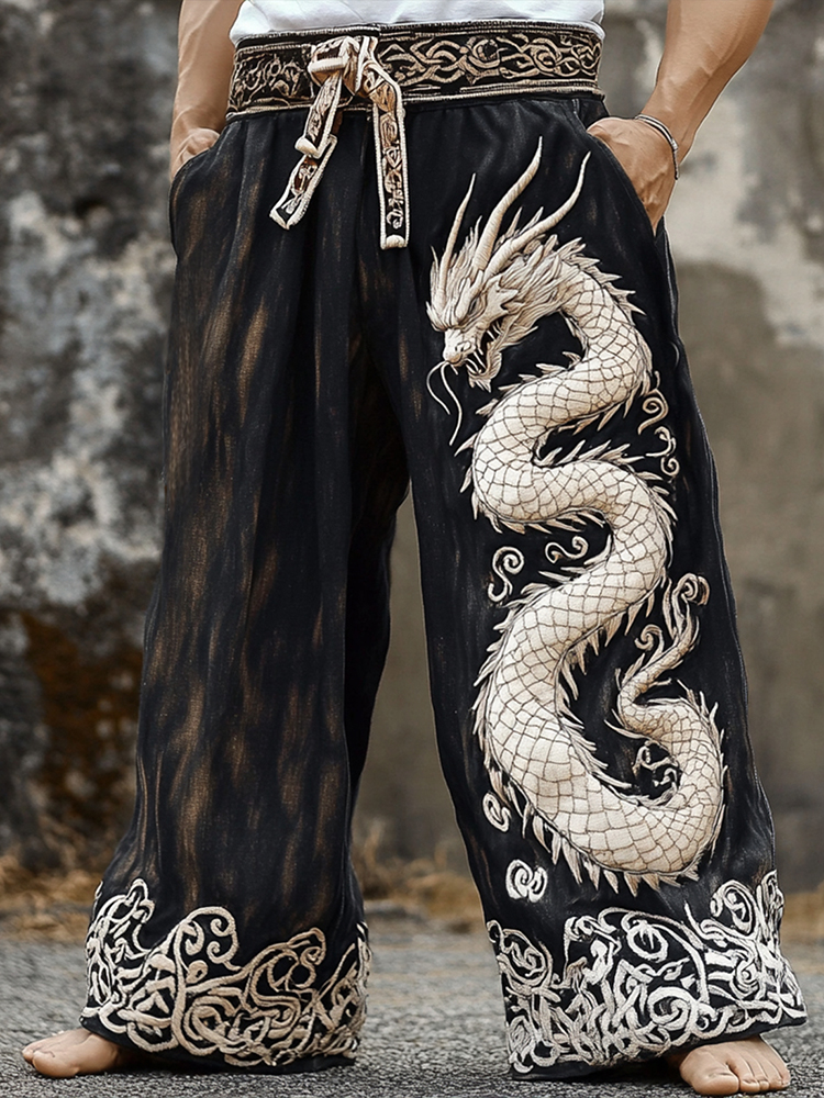 Men's Vintage Tribal Viking Dragon Art Linen Pants