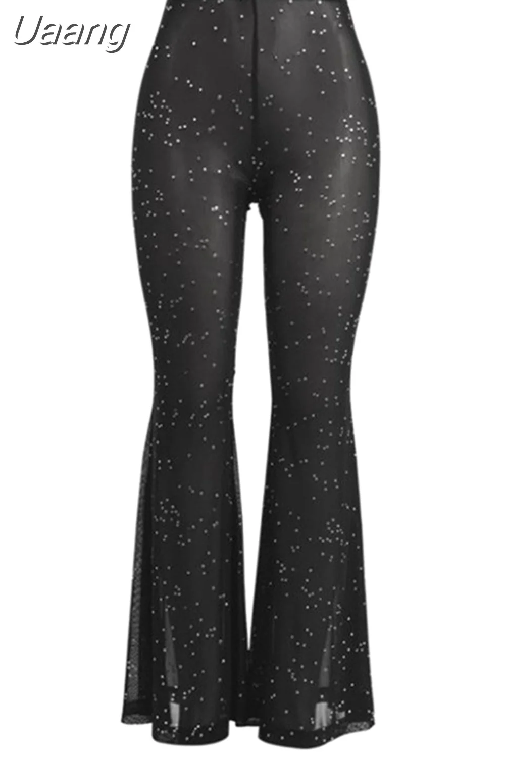 Uaang Summer Sparkly Rhinestone Black Mesh Transparent Sexy Flare Pant ...