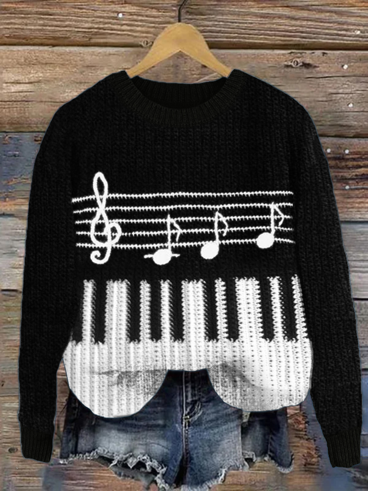 Music Notes Piano Contrast Crochet Cozy Sweater