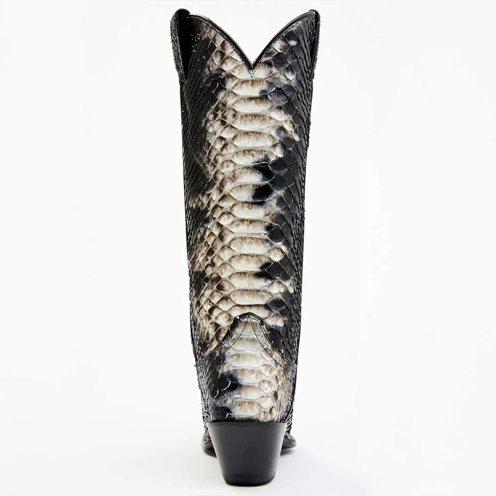 Black Snip Toe Python Western Knee-High Boots with Chunky Heels