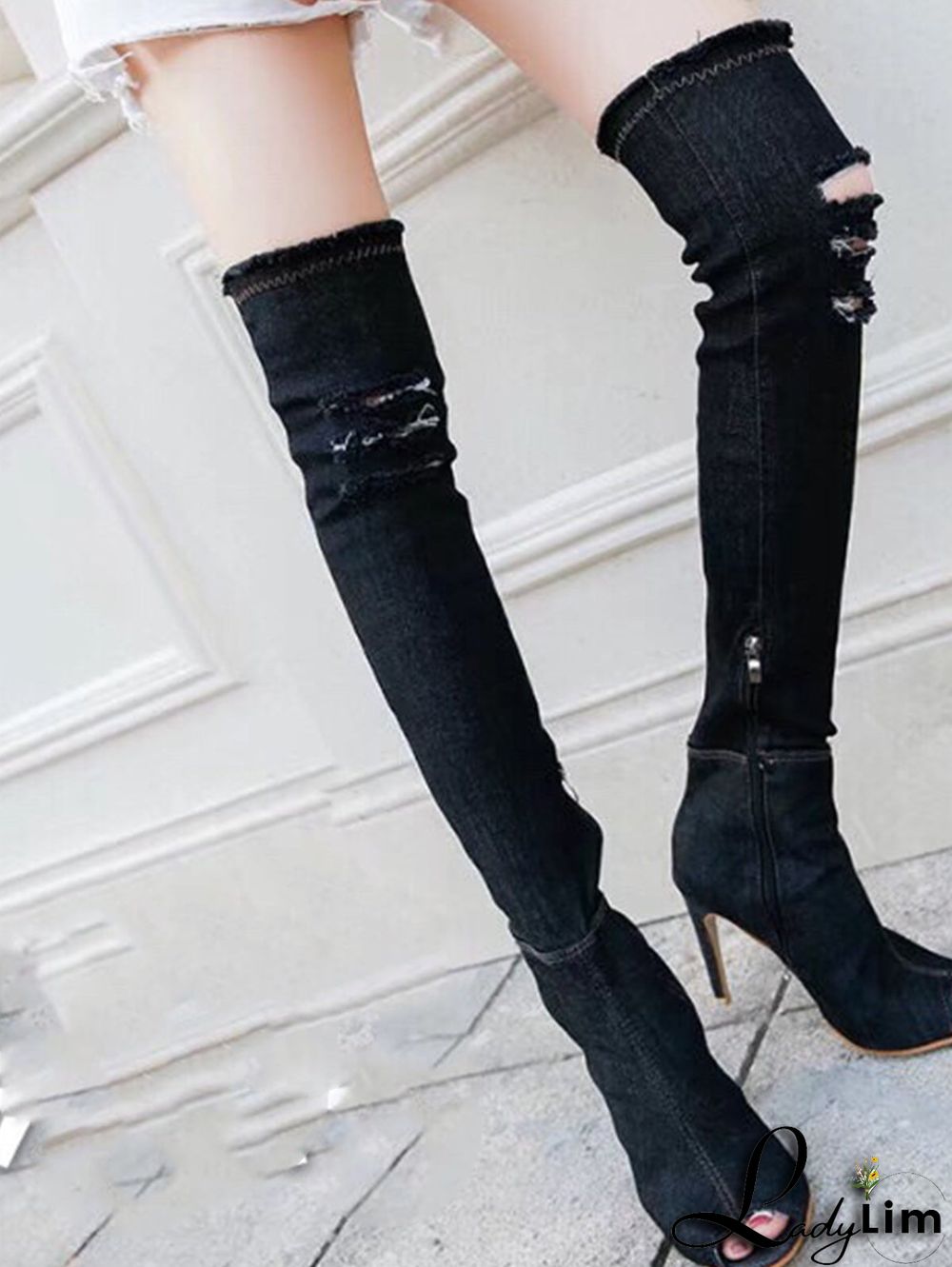 Fashion Ripped Denim Raw Edge Open Toe Thigh High Boots - Ladylim