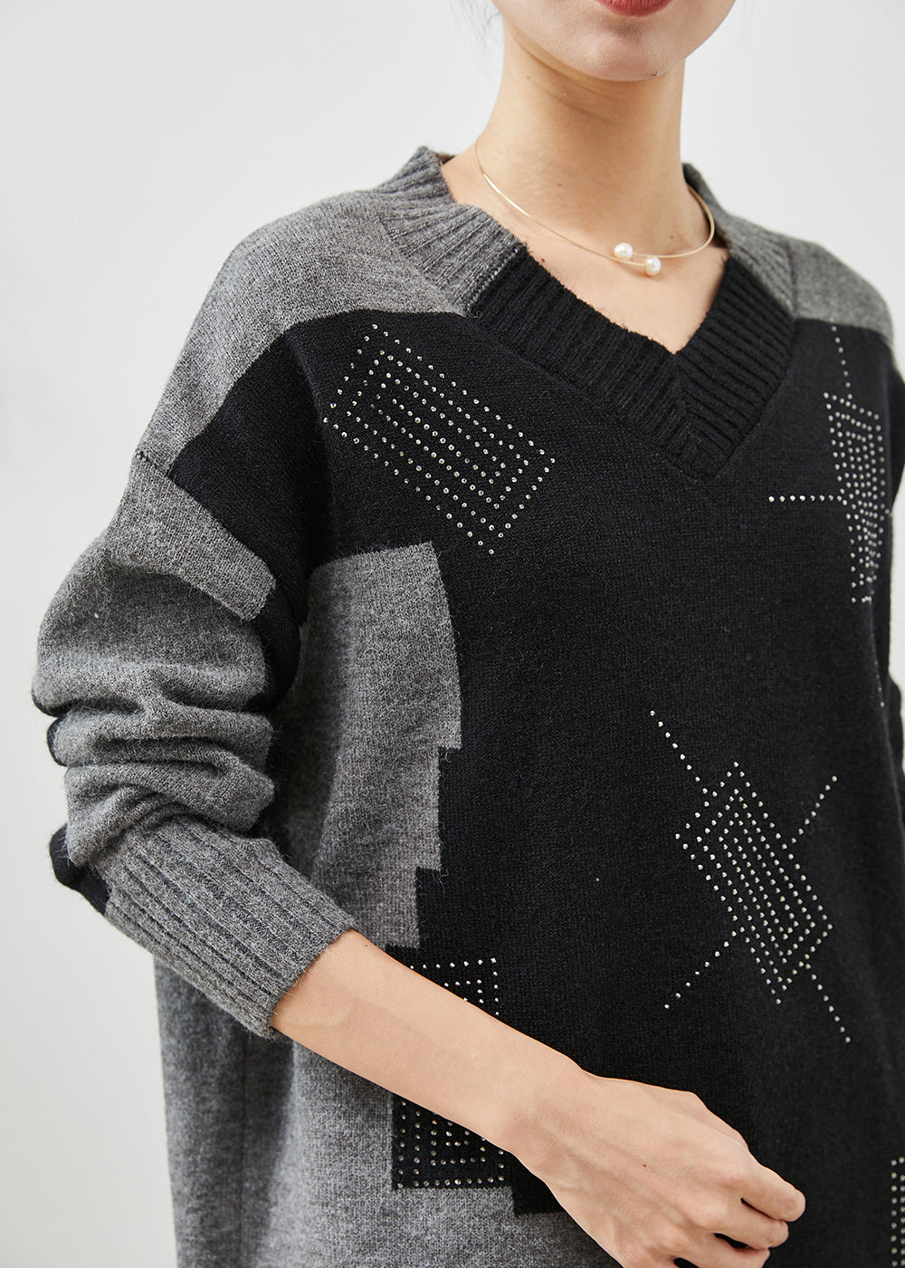 Boho Colorblock V Neck Patchwork Thick Knitted Tops Winter - Ladylim