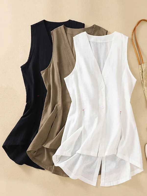 Relaxed Sleeveless Buttoned Solid Color V-Neck Vest Top