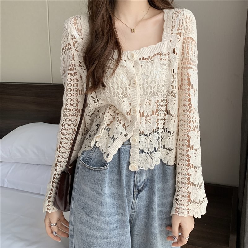 SUMMER CUTOUT LACE FLORAL CARDIGAN TOP