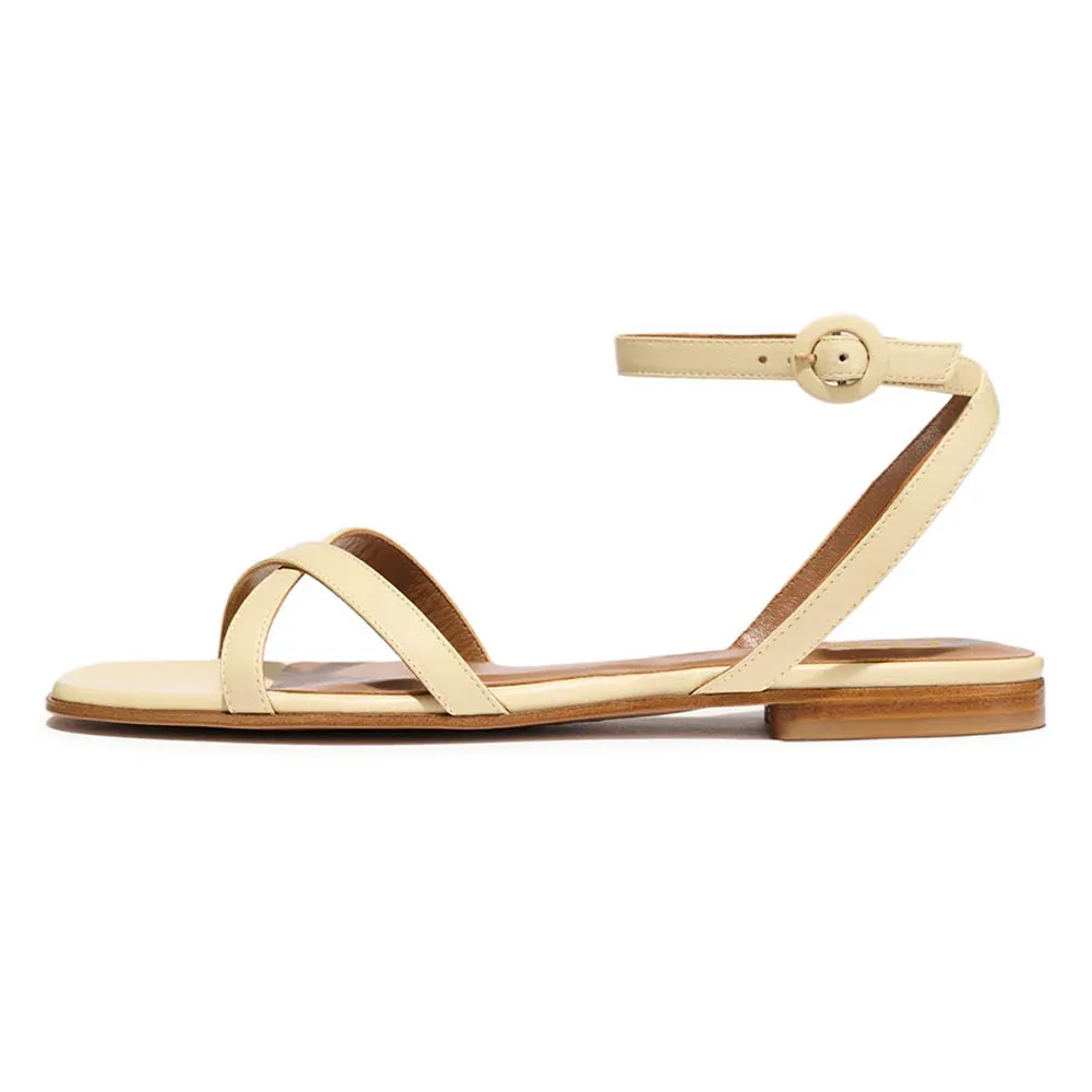 Light Yellow Open Square Toe Ankle Strap Flat Sandals for Women
