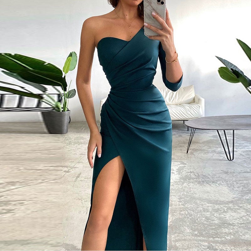Solid One Shoulder Ruched High Slit Dress