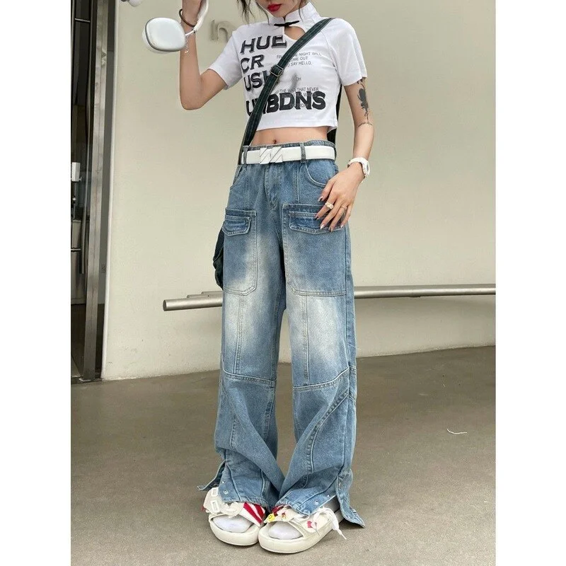 Woherb streetwear design sense multi-pocket tooling high waist cargo ...