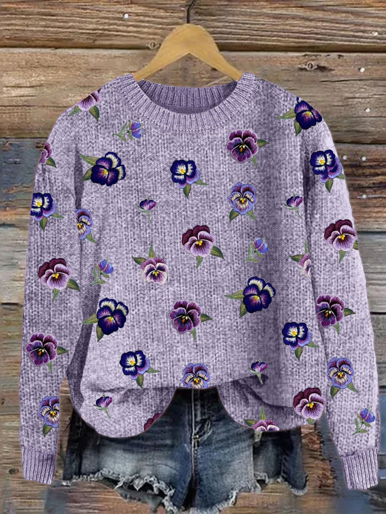 Pansy Floral Embroidery Pattern Cozy Knit Sweater 32.99