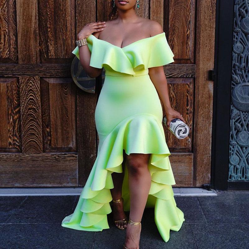 Solid Off Shoulder Ruffle Design Party Dress