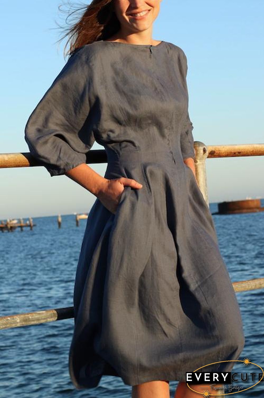 Solid Linen Half Sleeve Dress