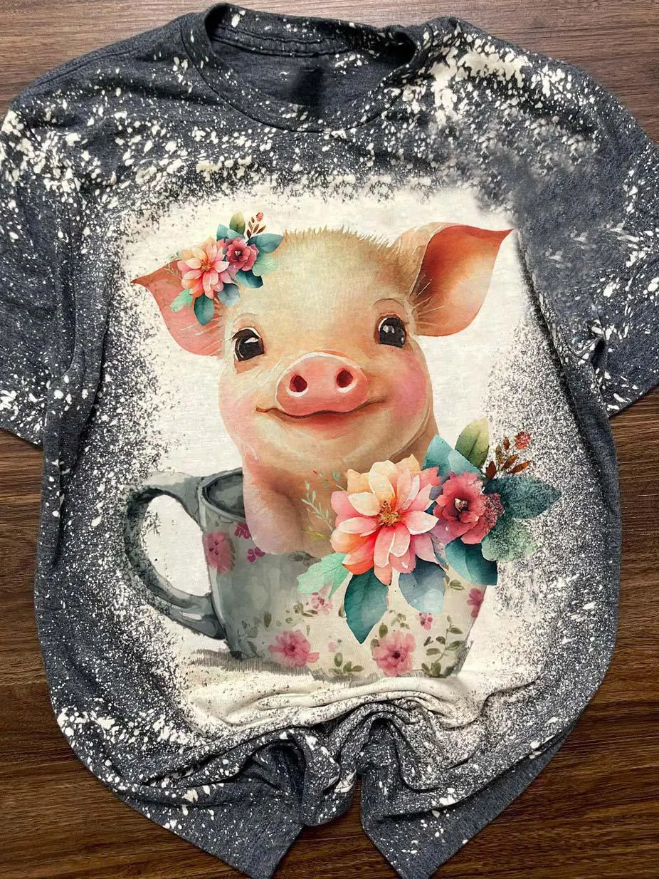 Pink Pig Print Tie Dye Crew Neck T-Shirt - MissTip
