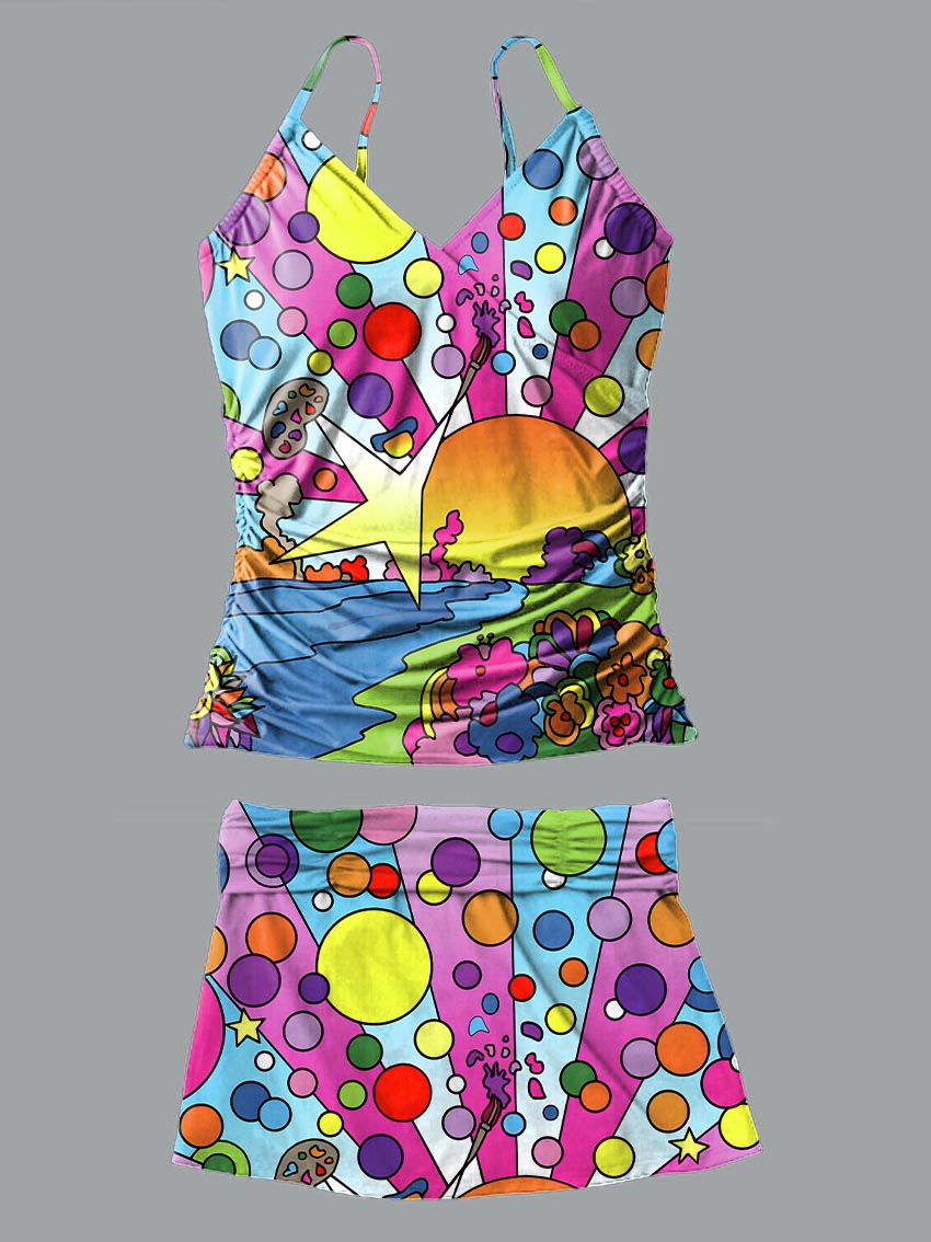 V-Neck Hippie Retro Flower Rainbow Print Suspender Skirt Tankini ...
