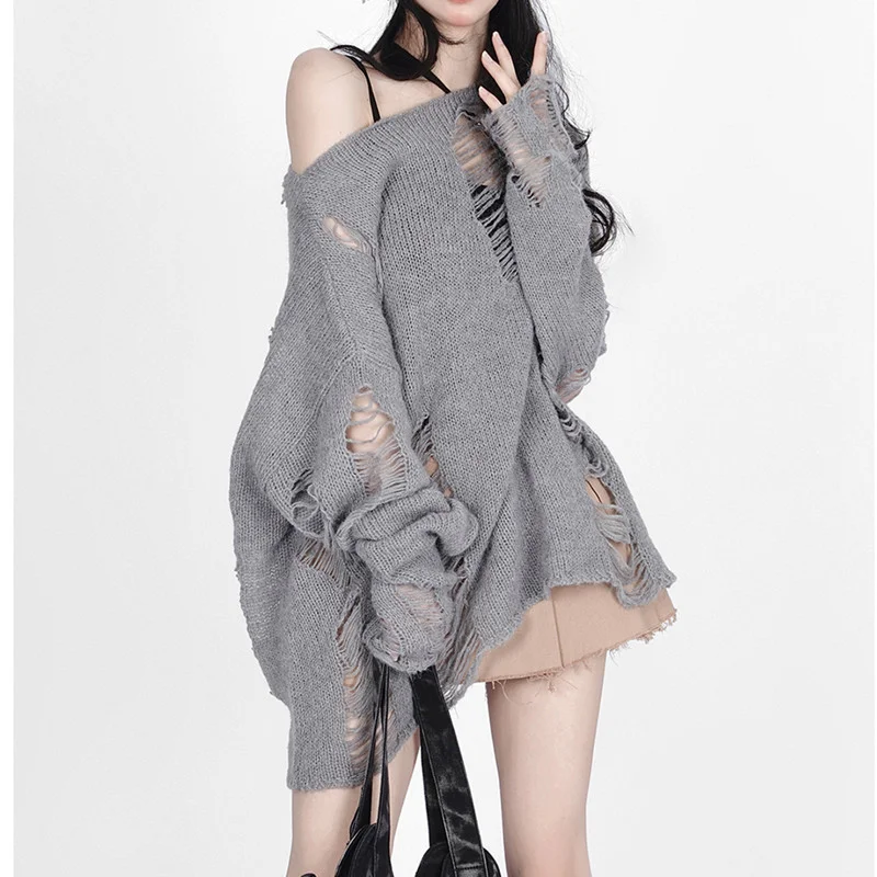 OBLIQUE SHOULDER RIPPED HOLLOW LONG SLEEVE KNIT TOP