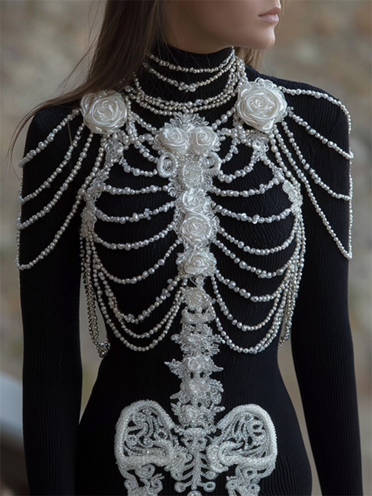 Classy White Roses Skeleton Pearls Lace Art Turtleneck Sweater