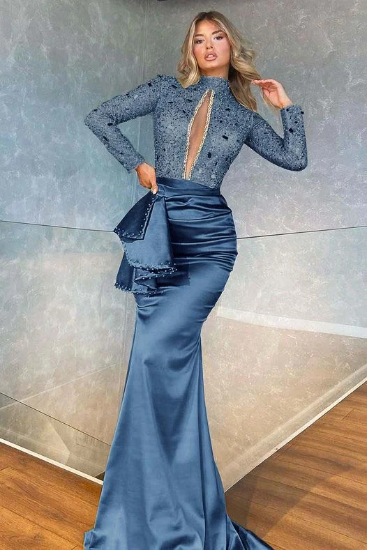 Daisda High Collar Long Sleeves Mermaid Prom Dress With Beadings