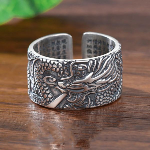Sterling Silver Coiled Dragon Heart Sutra Ring