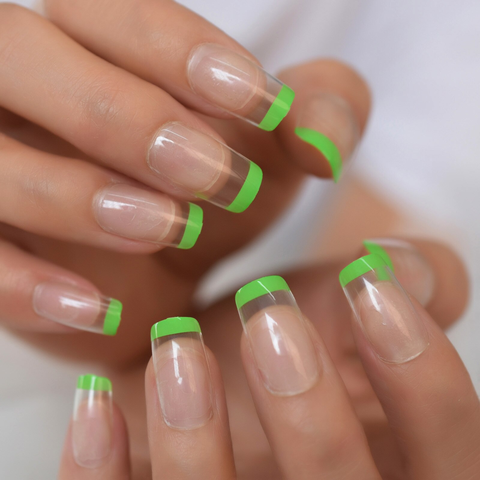 Churchf Clear NEON False Nail Green Fake Set Medium Length Press On ...