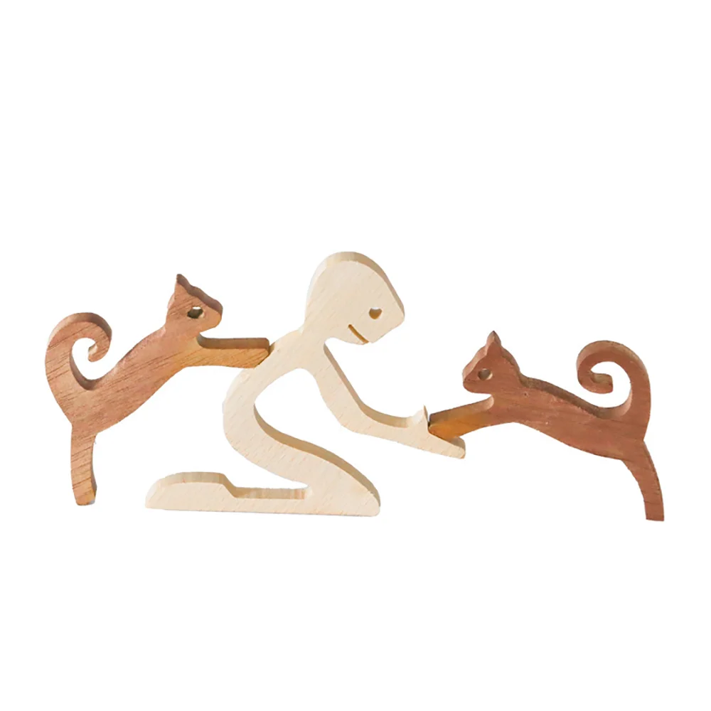 Purexcellent™ Creative simple wooden boy and cat home desktop carving ...
