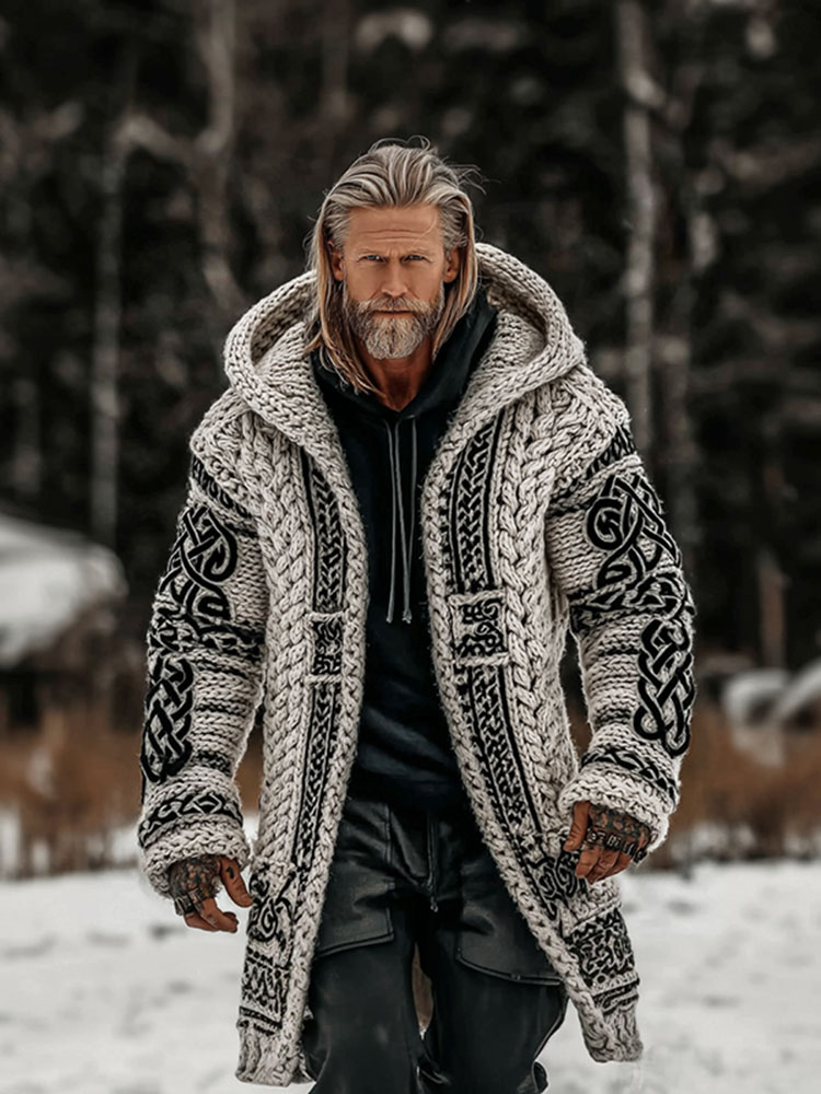 Men's Vintage Viking Celtic Knot Art Chunky Knit Mid-length Hooded ...