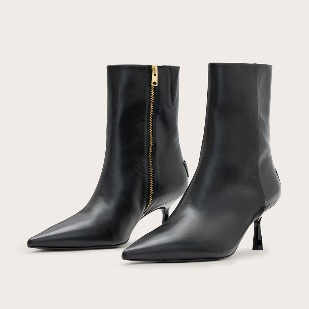 Black Mid Flared Heel Pointed Toe Zipper Ankle Boots for Women