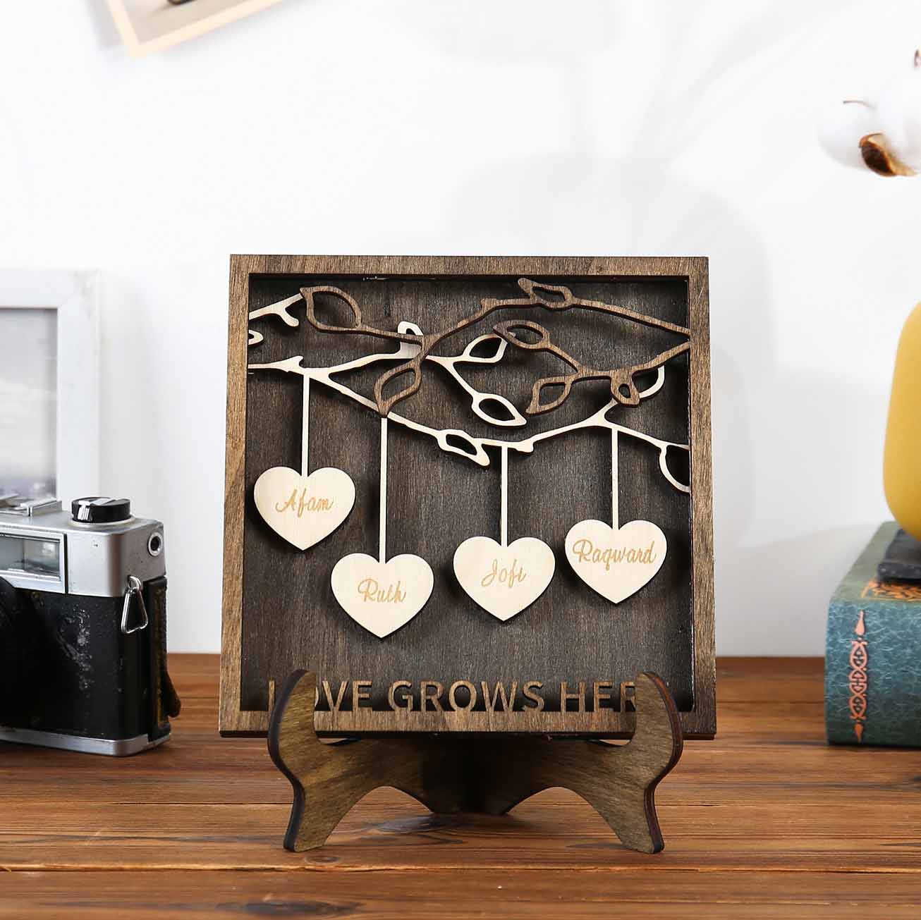 Personalized Family Tree Wood Frame Custom 4 Names Home Decor Gift