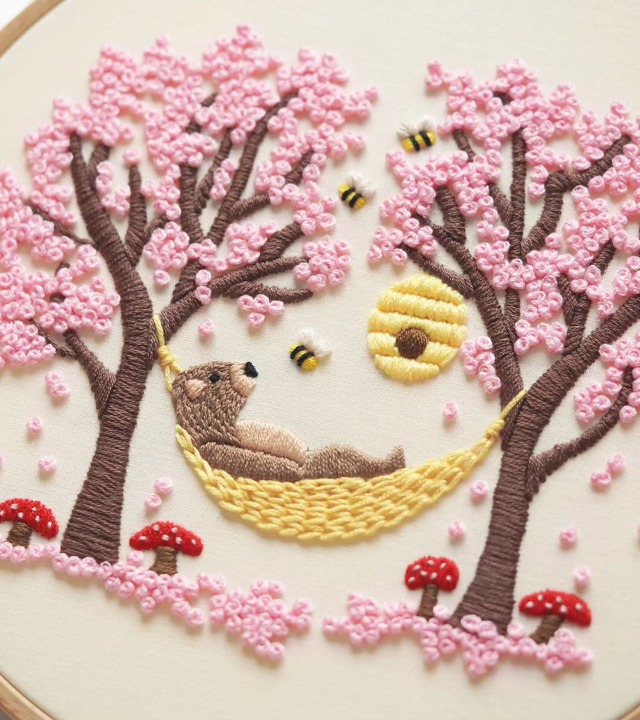 Bear the cherry blossom tree embroidery kit