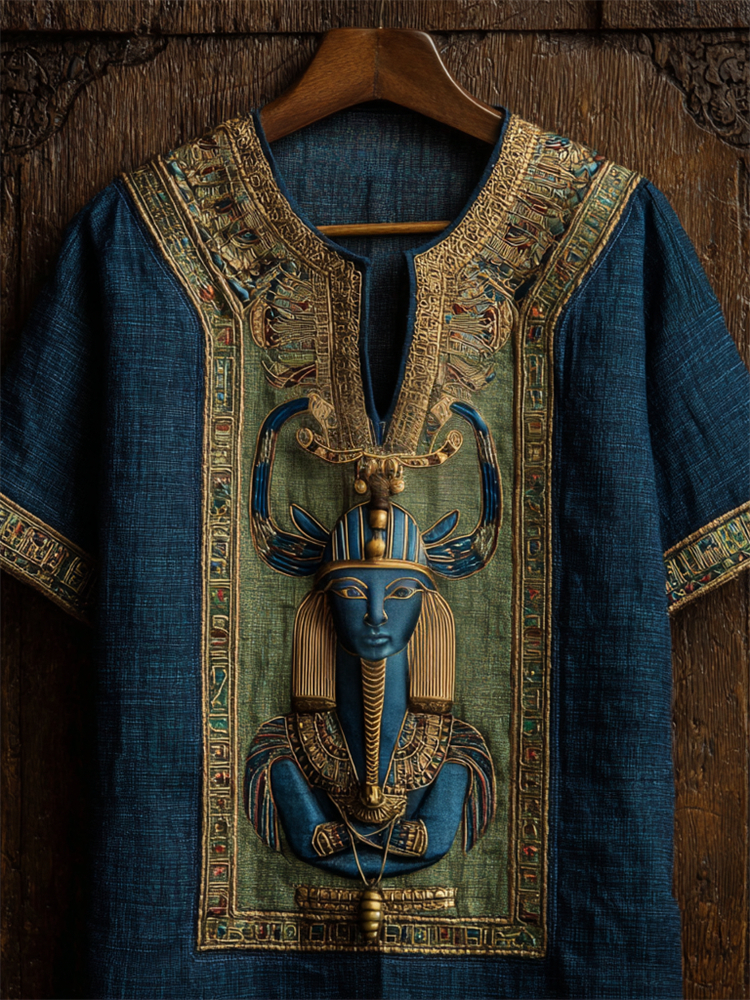 Ancient Egyptian God & Runes Embroidered Contrast Linen Shirt
