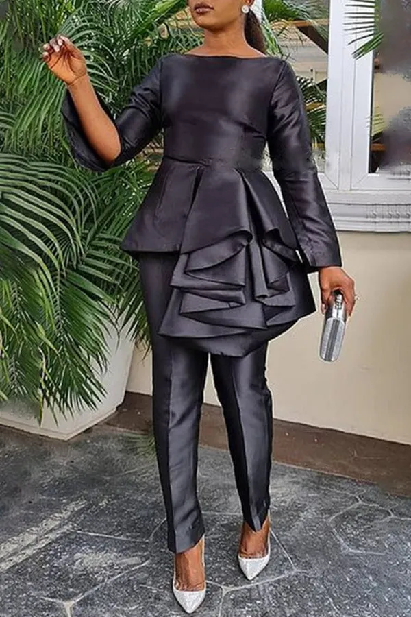 Elegant Ruffled Solid Color Plus Size Pants Suit