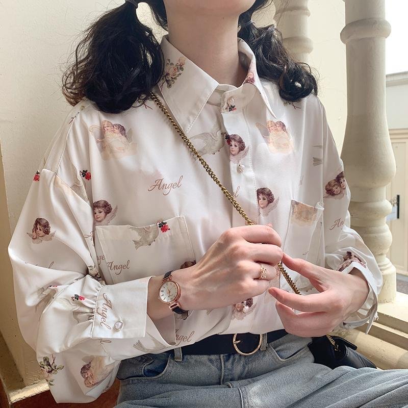 ANGEL PRINT LONG SLEEVE CHIFFON SHIRT