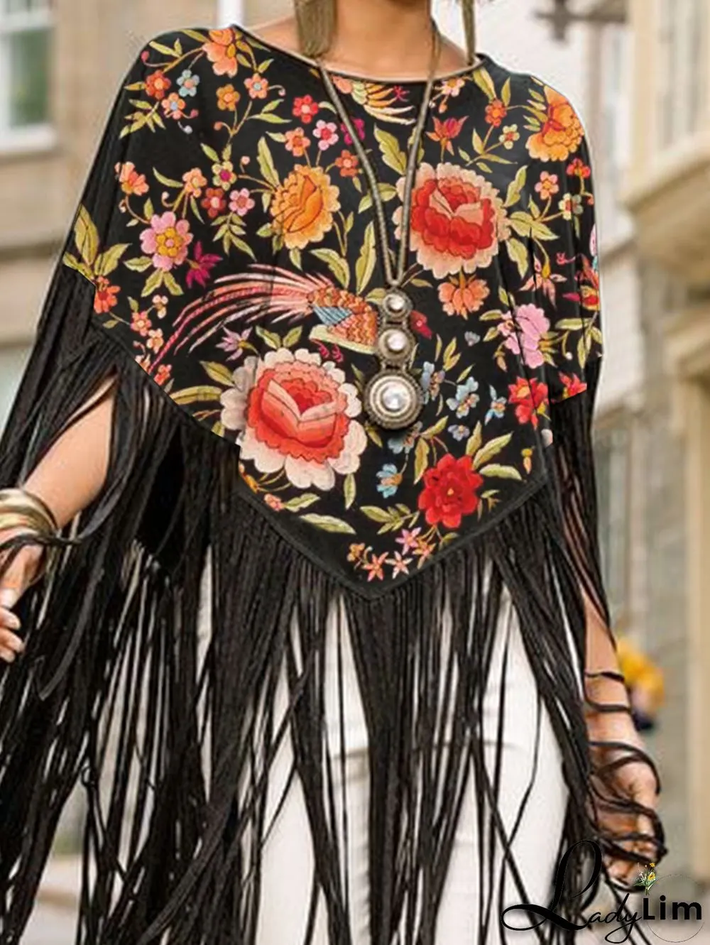 UR Vintage Floral Long Fringe Hem Blouse - Ladylim
