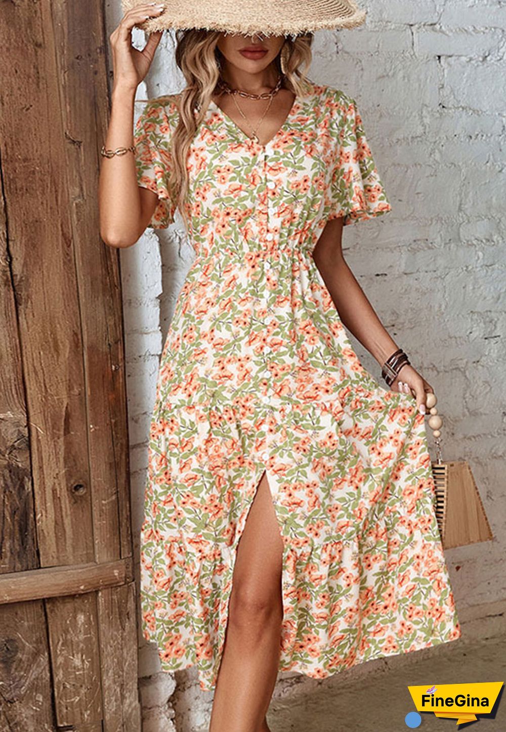 FineGina Floral Button Front Midi Dress