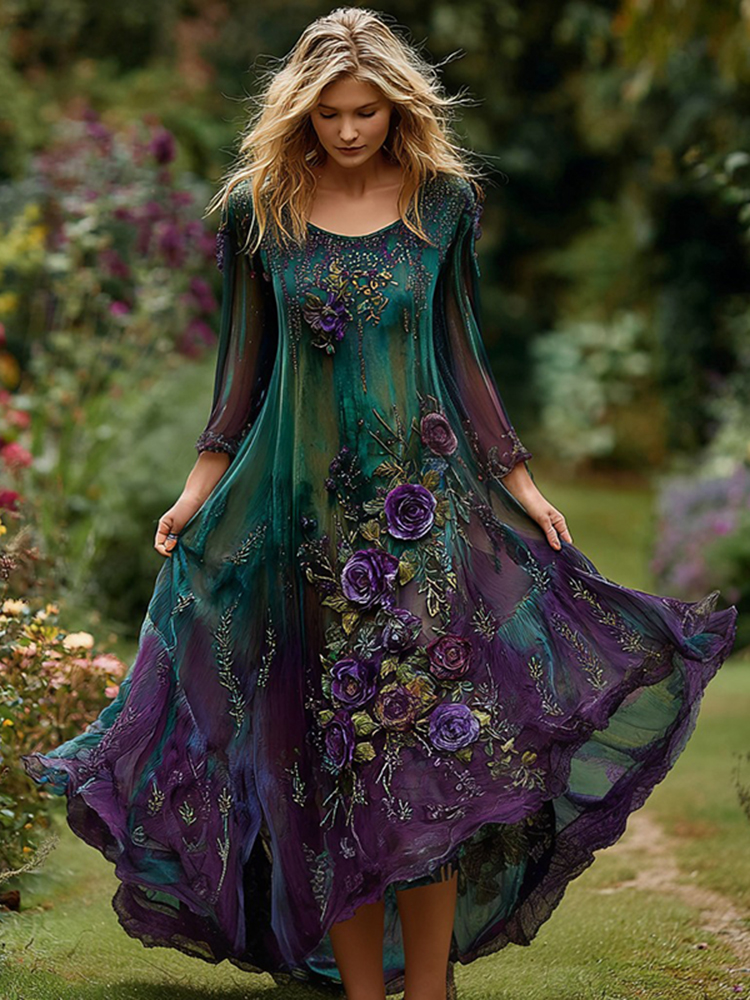 Women's Vintage Floral Embroidery Gradient Pattern Round Neck Long ...