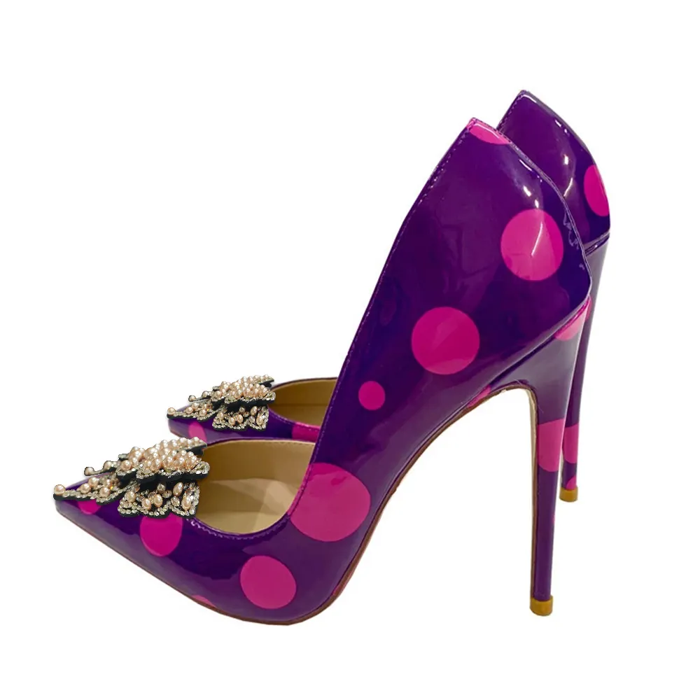 Purple Polka Dot Pointed Toe Stiletto Heel Side Opening Crystal Pumps