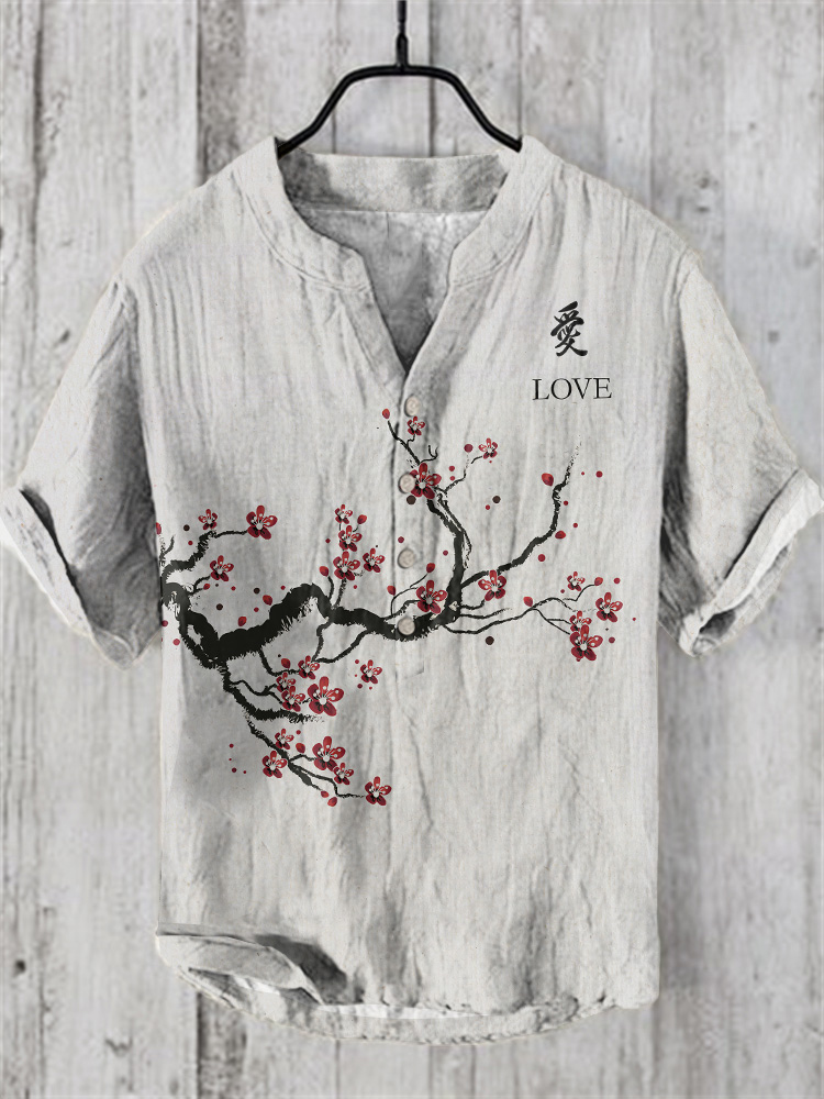 Vercoo Japanese Cherry Blossoms Art Print Henry Collar Shirt