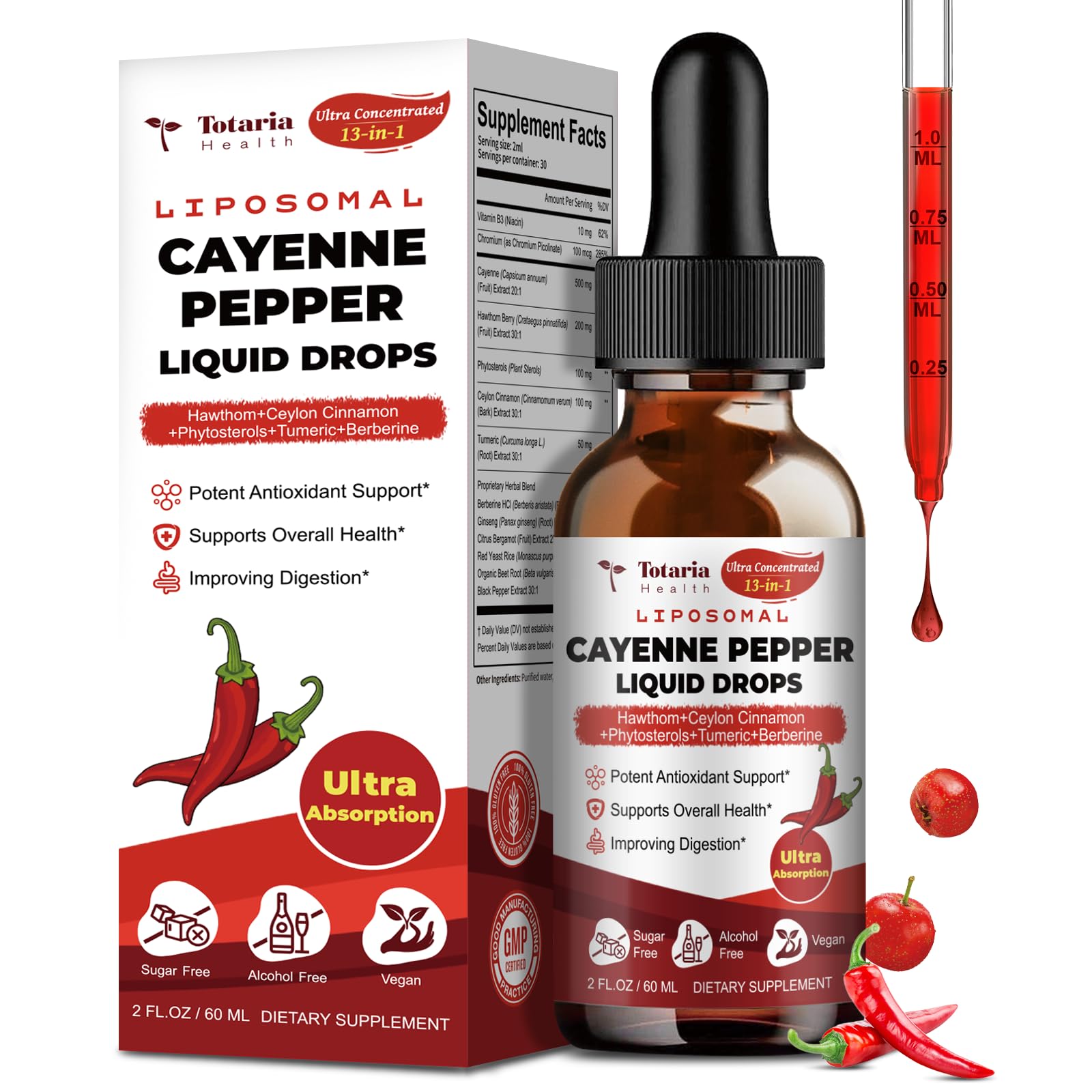 Cayenne Pepper Drops Liposomal Liquid Supplement, 13-in-1 Cayenne ...