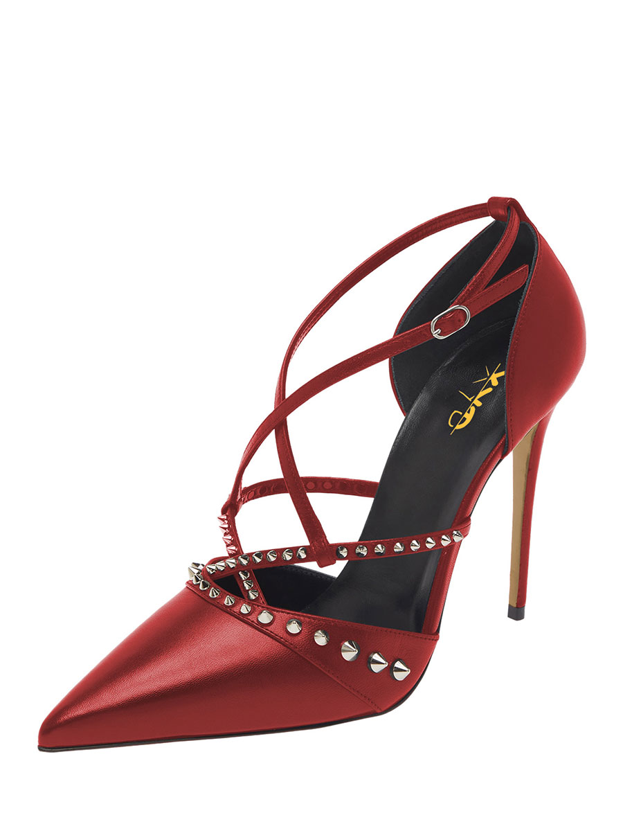 Studded Pointed Toe Stiletto Heel Buckle Crossover Strappy Red Pumps