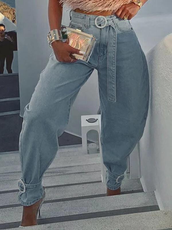 Tied-Cuff Belted Jeans