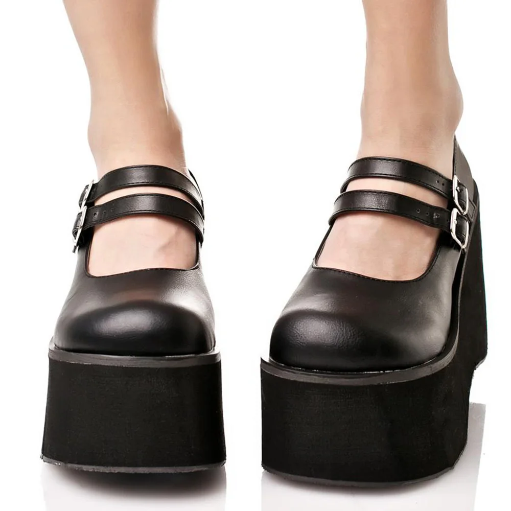 Black Vegan Leather Closed Toe Wedge Heel Platform Pumps with Buckle