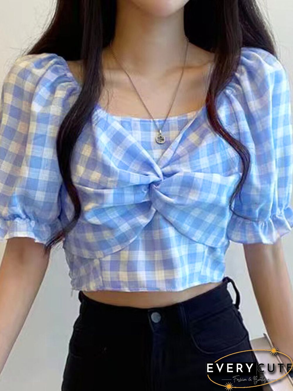 Hot Twisted Front Check Print Puff Sleeve Crop Top Online - BlackFridayBuys