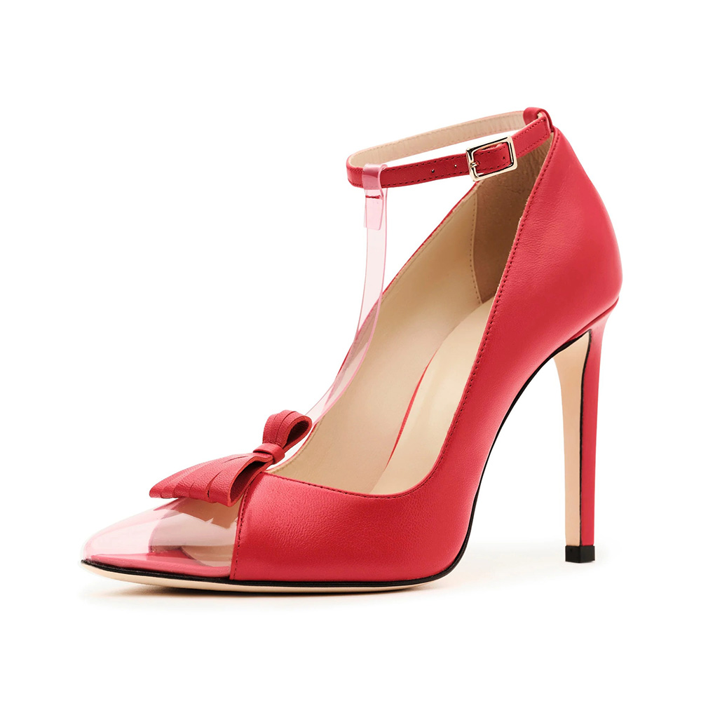 Red & Pink Pointed Toe 3 Inch Heels T-Strap Buckled Pumps for Women