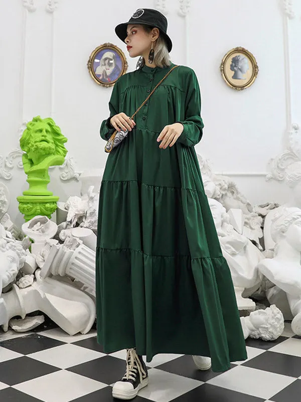 Urban Long Sleeves Solid Color Split-Joint Maxi Dress