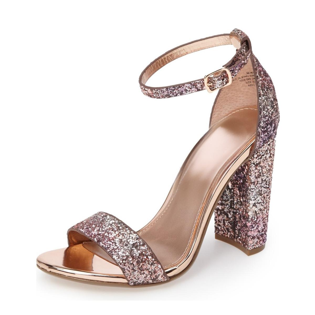 Pink Glitter Chunky Heel Sandals Vdcoo