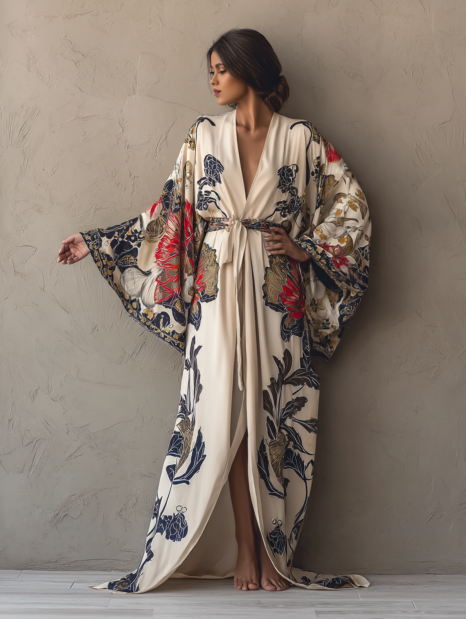Women's Blue Floral Kimono Linen Robe (Including Belt)