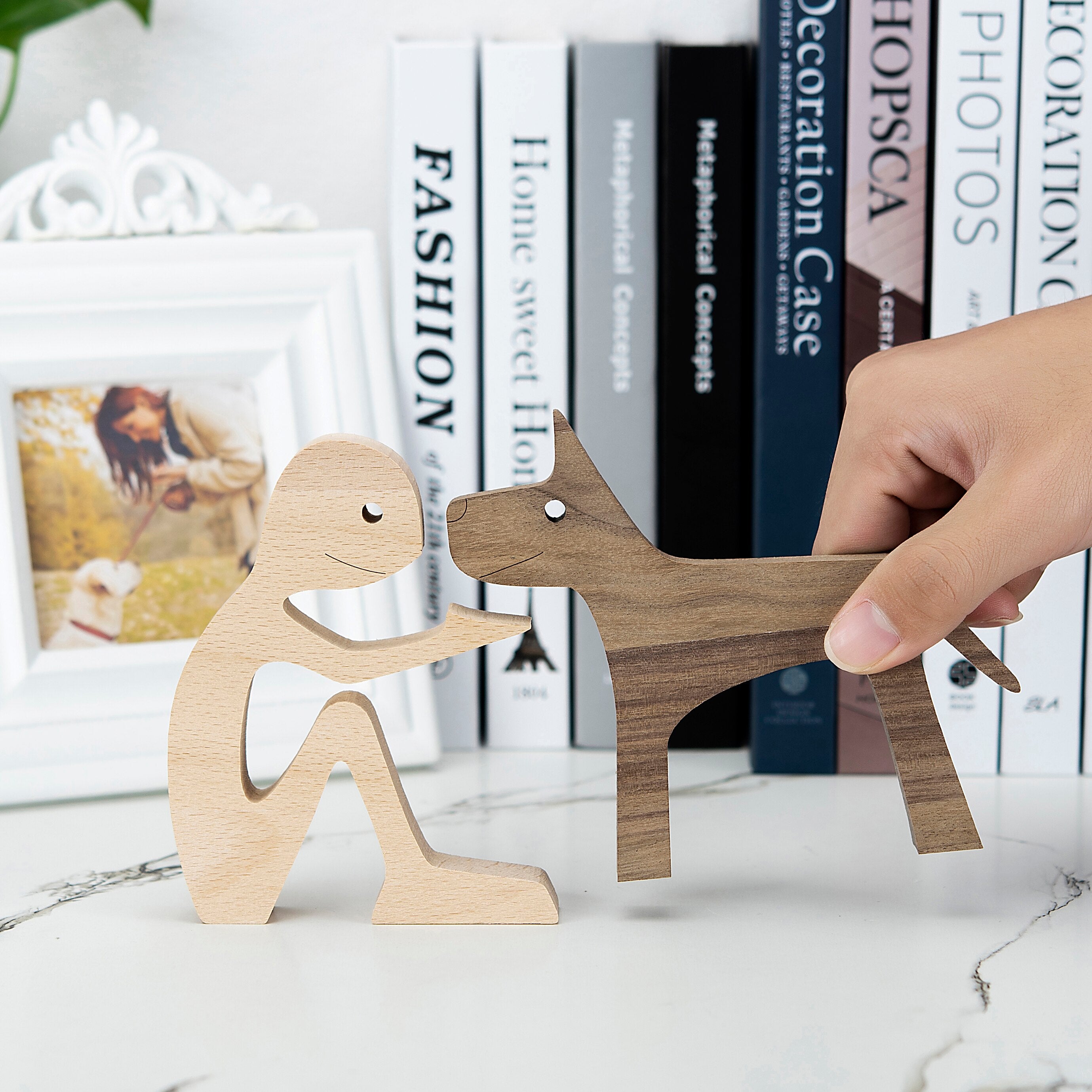 Wooden Dog And Human Craft Figurin Creative 3D Home Office Decoration ...