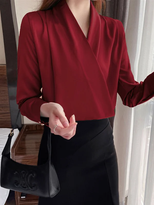 V-Neck Long Sleeves Loose Buttoned Solid Color Blouses & Shirts
