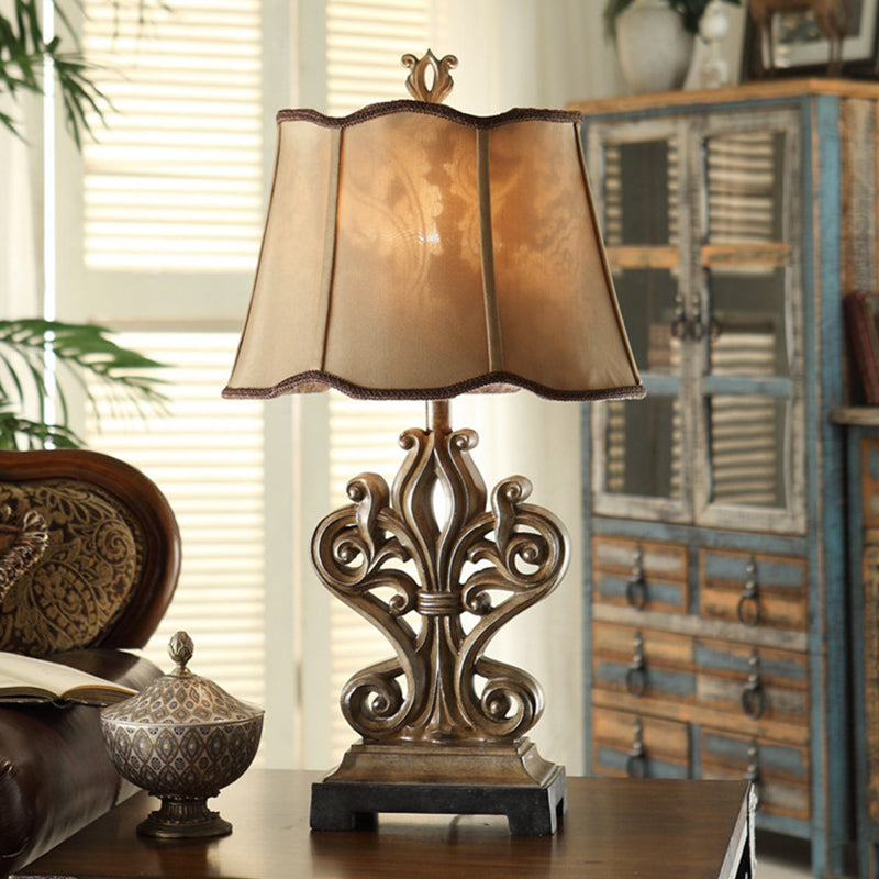 Rustic Style Table Lamp with Ruffle-Edged Shade - Brown, 1 Bulb,