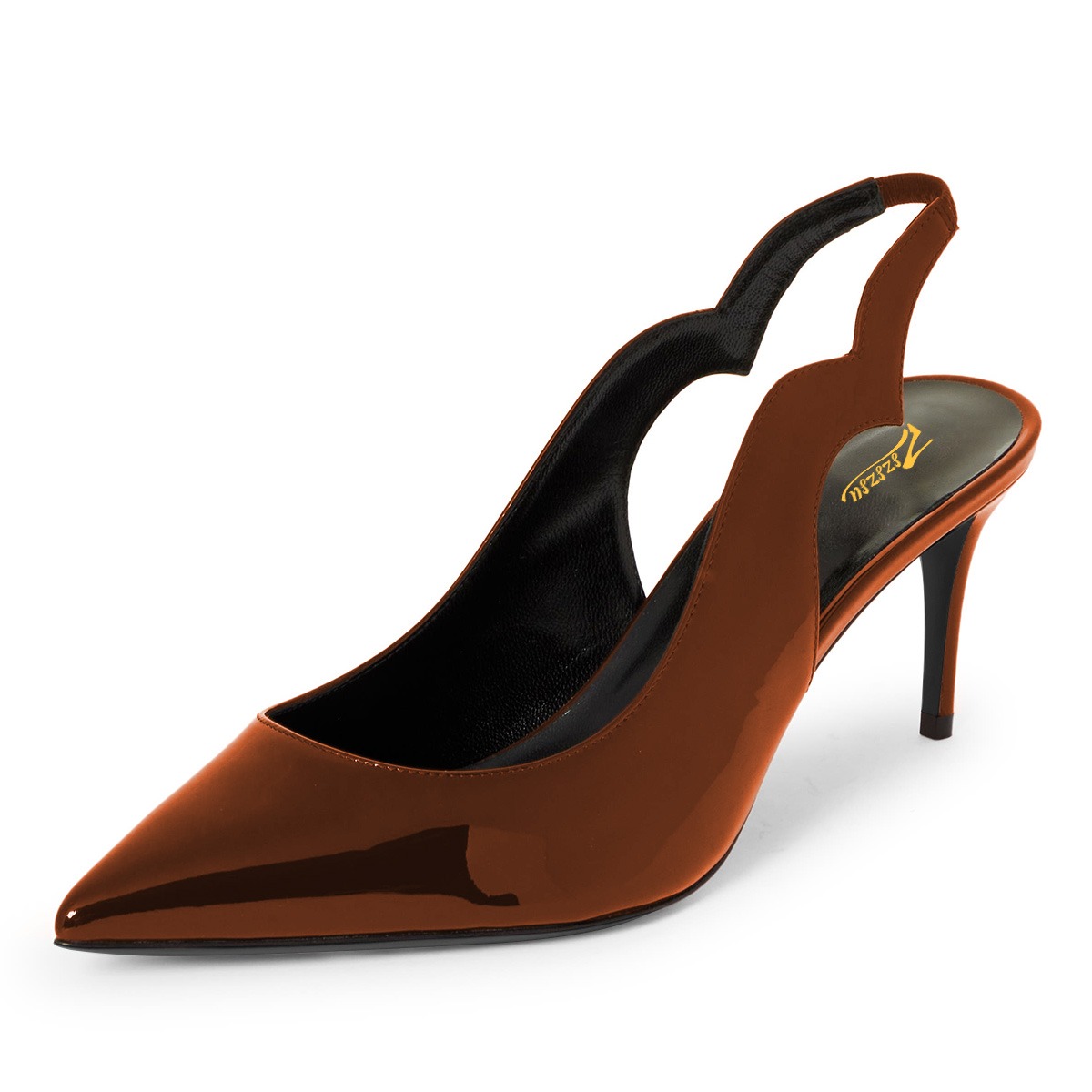 Brown Patent Leather Pointed Toe Wave Strap Slingback Pumps Heels